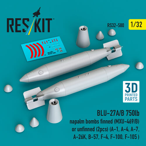 RES/KIT 32-0580 BLU-27A/B 750lb napalm bombs finned (MXU-469/B) or unfinned (2 pcs / 3-D Printed)
