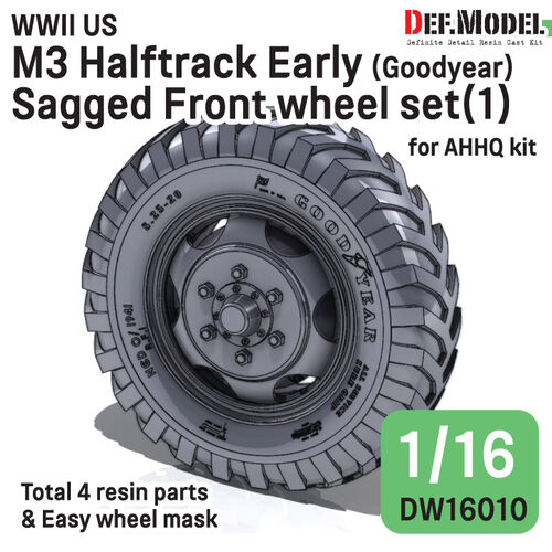 DEF Model DW16010 US WW2 M3 Halftrack Early - Front Sagged Wheel Set 1 / Goodyear (for AHHQ Kits)
