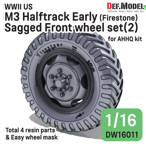 NEW! DEF Model DW16011 US WW2 M3 Halftrack Early - Front Sagged Wheel Set 2 / Firestone (for AHHQ Kits)