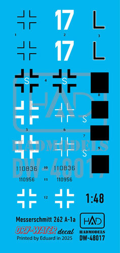 HAD Models 48017 Messerschmitt Me-262 A-1 - Luftwaffe Black L / White 17 (Dry-Water Decal Sheet)