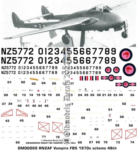 Old models Decals 0069 de Havilland Vampire FB5 - Royal New Zealand Air Force 1970s Scheme