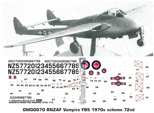 Old models Decals 0070 de Havilland Vampire FB5 - Royal New Zealand Air Force 1970s Scheme