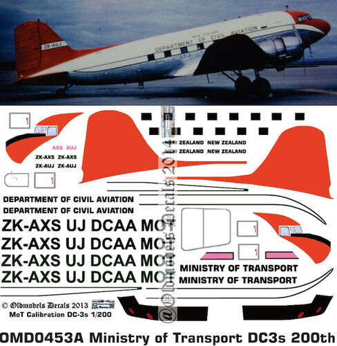 Old models Decals 0453A Douglas DC3 - New Zealand Ministry of Transport Scheme