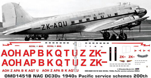 NEW! Old models Decals 1451B Douglas DC3 - National Airways Corporation (NAC) 1940s Pacific Service Scheme