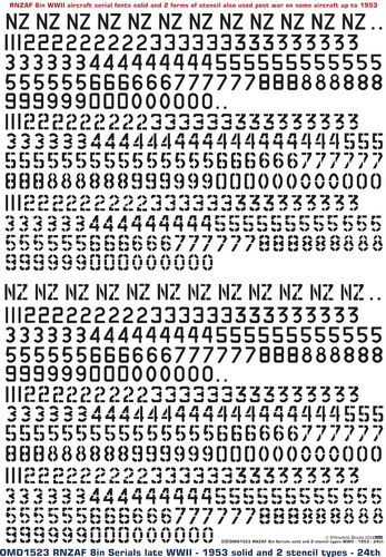 Old models Decals 1523 RNZAF 8in Serials Solid and 2 Stencil Types (Late WWII - 1953)