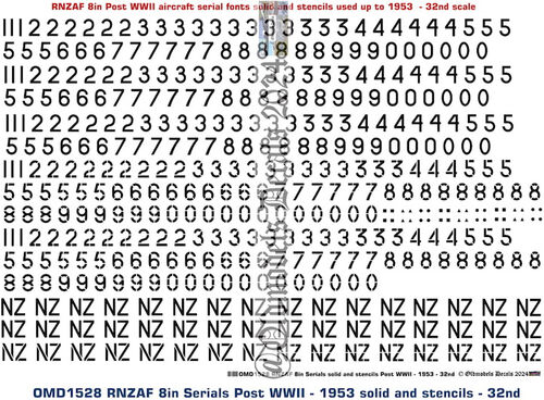Old models Decals 1528 RNZAF 8in Serials Solid and Stencils (Post WWII - 1953)