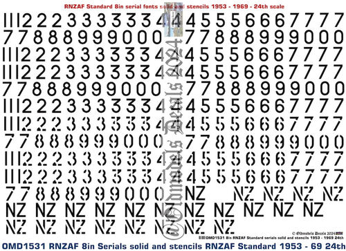 Old models Decals 1531 RNZAF 8in Serials Solid and Stencils RNZAF Standard (1953 - 1969)