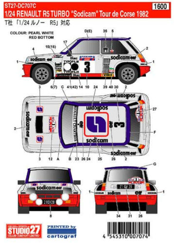 Studio 27 DC0707C Renault 5 Turbo - Sodicom Corse 1982 (for Tamiya Kits)