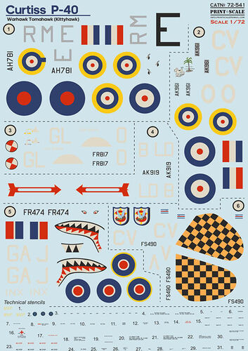 Print Scale 72-541 Curtis P-40 Warhawk / Tomahawk and Kittihawk Decals Set