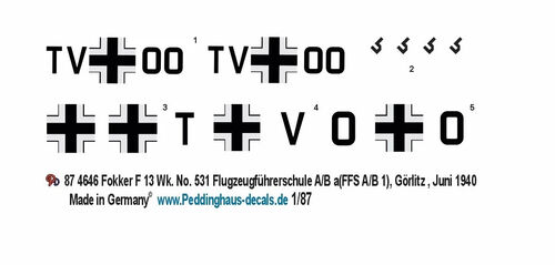 Peddinghaus-Decals 4646 Junkers / Fokker F.13 - Wk.Nr. 531 Flying School A/B 1 (FFS A/B 1) - Görlitz Juni 1940