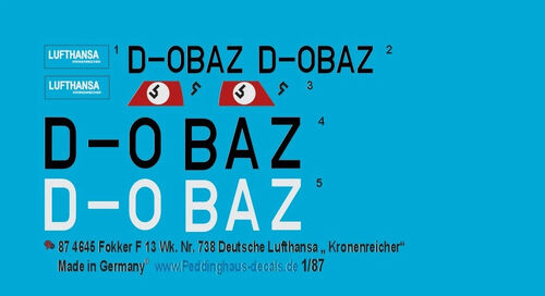 Peddinghaus-Decals 4645 Junkers / Fokker F.13 - Wk. Nr. 738 German Lufthansa "Kronenreicher"