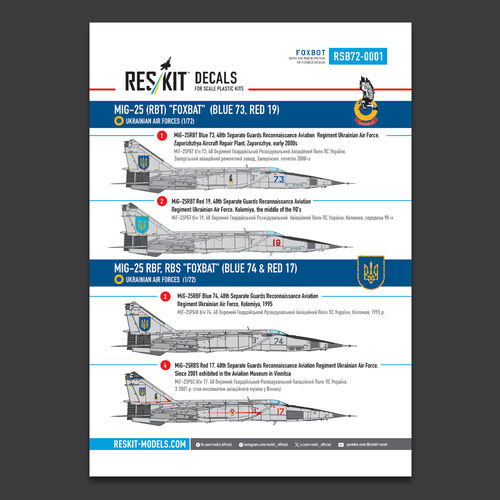 RES/KIT RSB72-0001 MiG-25 RBT / RBF and RBS Foxbat - Ukrainian Air Forces (Decals with Stencils)