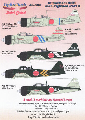 Lifelike Decals 48062 ​​​​​​Mitsubishi A6M Zero - Part 2 (13 schemes)