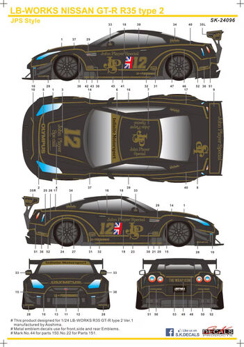 SK Decals 24096 LB-Works Nissan GT-R R35 Type 2 - Decals Set (for Aoshima Kits)