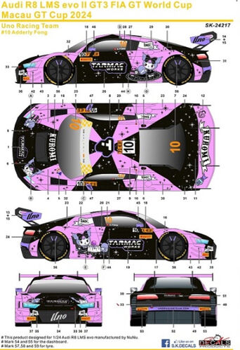 SK Decals 24217 Audi R8 LMS Evo II GT3 - FIA GT World Cup Macau GT Cup 2024 Uno Racing Team No.10 Adderly Fong (for NuNu Kits)