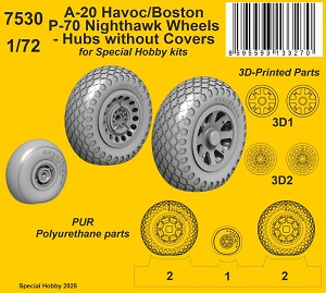 CMK K7530 Douglas A-20 Hovoc/Boston and P-70 Nighthawk - 3D-Printed Wheels Set / Hubs without Covers (for Special Hobby Kits)