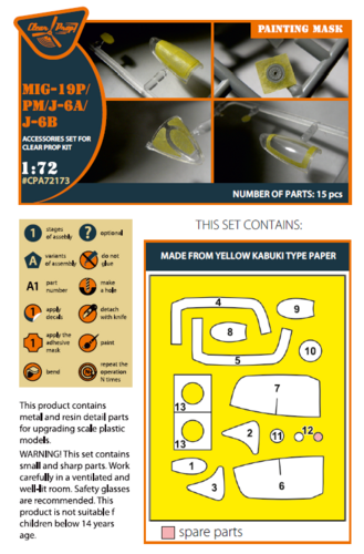 Clear Prop Models A72173 MiG-19P/PM and J-6A/B - Painting Mask on "Yellow Kabuki Paper" (for Clear Prop Kits)