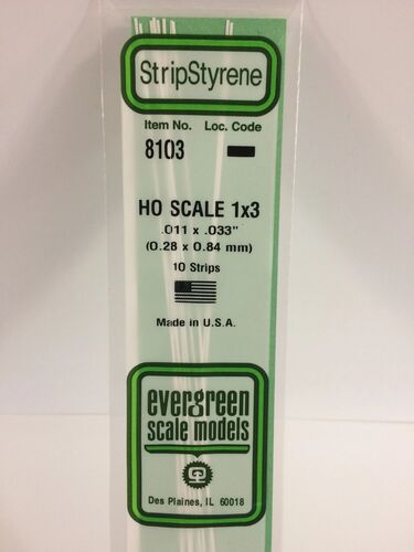 Evergreen 08103 "O" Scale Polystyrene Strip (35 cm) 0,28 x 0,84 mm (1 x 3) (1 pc)
