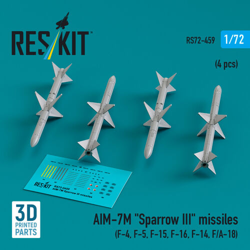 RES/KIT 72-0459 AIM-7M 'Sparrow III' Missiles (4 pcs) (F-4, F-5, F-15, F-16, F-14, F/A-18) (3D Printed)