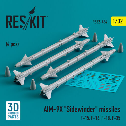 RES/KIT 32-0484 AIM-9X 'Sidewinder' Missiles (4pcs) (F-15, F-16, F-18, F-35) (3D Printed)