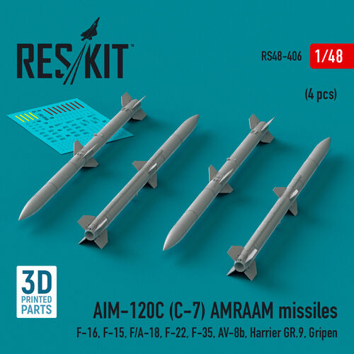 RES/KIT 48-0406 AIM-120C (C-7) AMRAAM Missiles (4pcs) (F-16, F-15, F/A-18, F-22, F-35, AV-8B, Harrier GR.9, Gripen) (3D Printed)