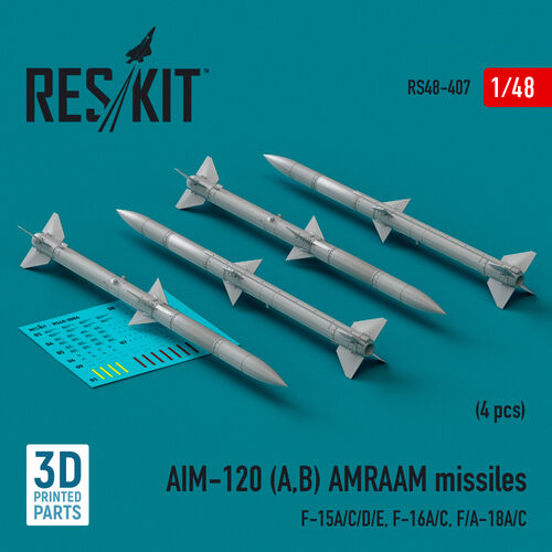 RES/KIT 48-0407 AIM-120 (A, B) AMRAAM Missiles (4pcs) (F-15A/C/D/E, F-16A/C, F/A-18A/C) (3D Printed)