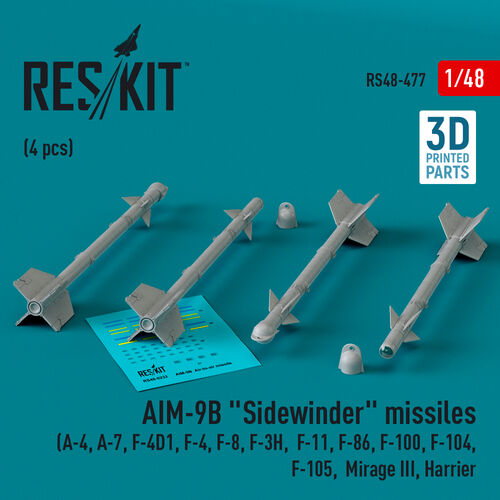 RES/KIT 48-0477 AIM-9B 'Sidewinder' Missiles (4pcs) (A-4, A-7, F-4D1, F-4, F-8, F-3H, F-11, F-86,F-100, F-104, F-105, Mirage III, Harrier) (3D Printed)