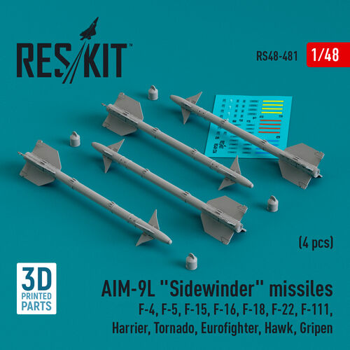 RES/KIT 48-0481 AIM-9L 'Sidewinder' Missiles (4pcs) (F-4, F-5, F-15, F-16, F-18, F-22, F-111, Harrier, Tornado, Eurofighter, Hawk, Gripen) (3D Printed)