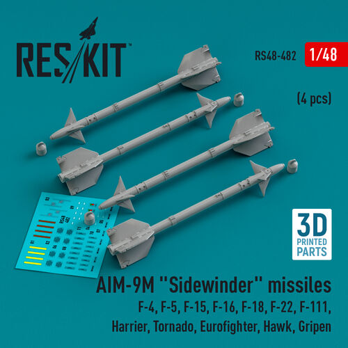 RES/KIT 48-0482 AIM-9M 'Sidewinder' Missiles (4pcs) (F-4, F-5, F-15, F-16, F-18, F-22, F-111, Harrier, Tornado, Eurofighter, Hawk, Gripen) (3D Printed)