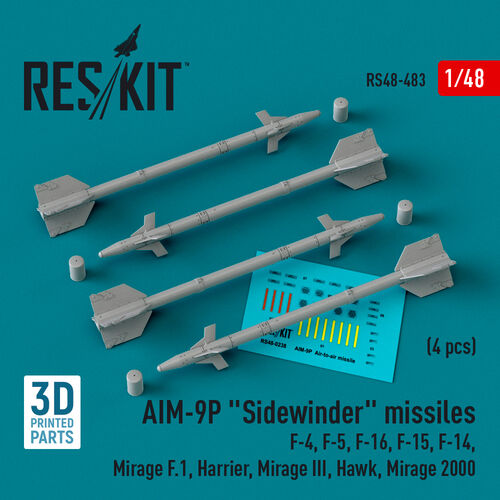 RES/KIT 48-0483 AIM-9P 'Sidewinder' Missiles (4pcs) (F-4, F-5, F-16, F-15, F-14, Mirage F.1, Harrier, Mirage III, Hawk, Mirage 2000) (3D Printed)