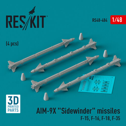 RES/KIT 48-0484 AIM-9X 'Sidewinder' Missiles (4pcs) (F-15, F-16, F-18, F-35) (3D Printed)