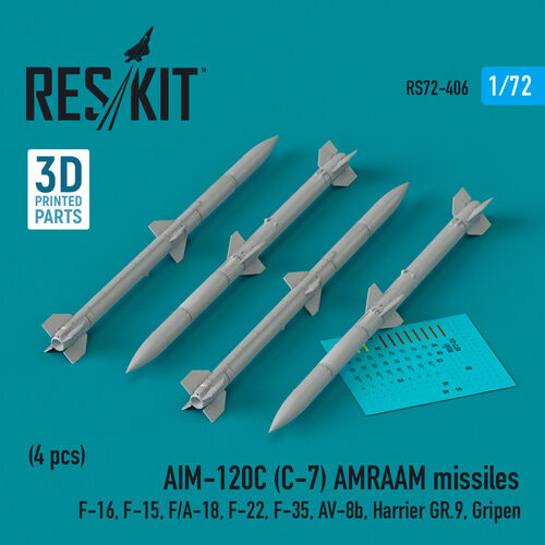 RES/KIT 72-0406 AIM-120C (C-7) AMRAAM Missiles (4pcs) (F-16, F-15, F/A-18, F-22, F-35, AV-8B, Harrier GR.9, Gripen) (3D Printed)