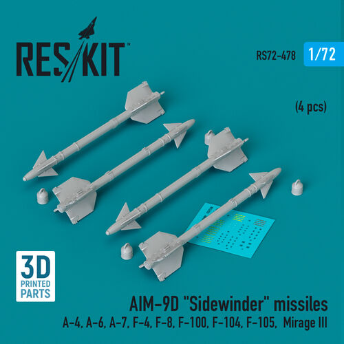 RES/KIT 72-0478 AIM-9D 'Sidewinder' Missiles (4pcs) (A-4, A-6, A-7, F-4, F-8, F-100, F-104, F-105, Mirage III) (3D Printed)