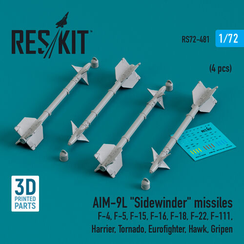 RES/KIT 72-0481 AIM-9L 'Sidewinder' Missiles (4pcs) (F-4, F-5, F-15, F-16, F-18, F-22, F-111, Harrier, Tornado, Eurofighter, Hawk, Gripen) (3D Printed)
