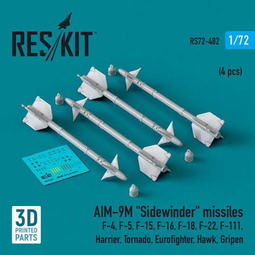 RES/KIT 72-0482 AIM-9M 'Sidewinder' Missiles (4pcs) (F-4, F-5, F-15, F-16, F-18, F-22, F-111, Harrier, Tornado, Eurofighter, Hawk, Gripen) (3D Printed)