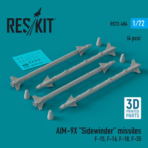 RES/KIT 72-0484 AIM-9X 'Sidewinder' Missiles (4pcs) (F-15, F-16, F-18, F-35) (3D Printed)