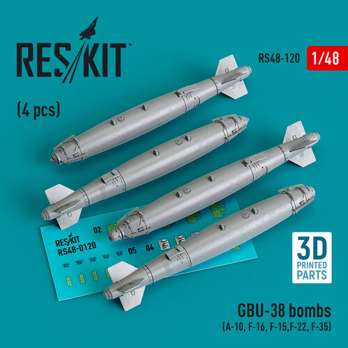 RES/KIT 48-0120 GBU-38 Bombs (4pcs) (A-10, F-16, F-15, F-22, F-35) (3D Printed)