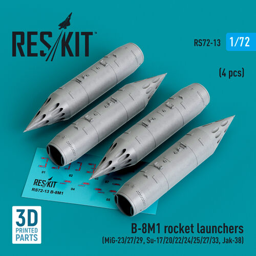 RES/KIT 72-0013 B-8M1 Rocket Launchers (4pcs) (MiG-23/27/29, Su-17/20/22/24/25/27/33, Jak-38) (3D Printed)