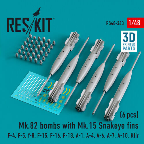 RES/KIT 48-0343 Mk.82 Bombs With Mk.15 Snakeye Fins (6 pcs) (F-4, F-5, F-8, F-15, F-16, F-18, A-1, A-4, A-6, A-7, A-10, Kfir)