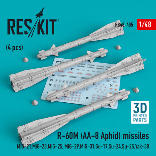 RES/KIT 48-0405 R-60М (AA-8 Aphid) Missiles (4 pcs) (MiG-21, MiG-23, MiG-25, MiG-29, MiG-31, Su-17, Su-24, Su-25, Yak-38) (3D Printing)