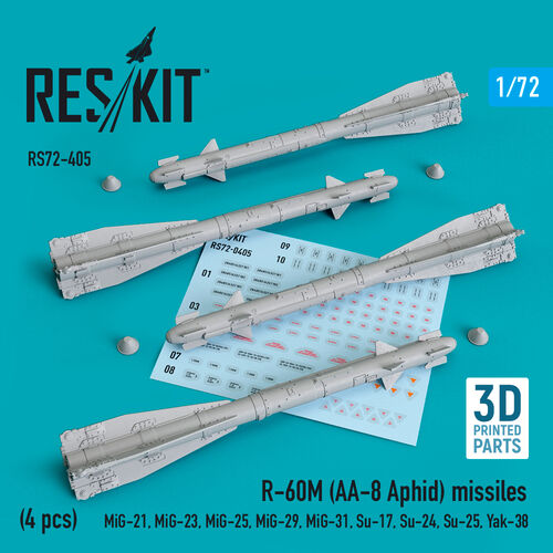 RES/KIT 72-0405 R-60М (AA-8 Aphid) Missiles (4 pcs) (MiG-21, MiG-23, MiG-25, MiG-29, MiG-31, Su-17, Su-24, Su-25, Yak-38) (3D Printing)
