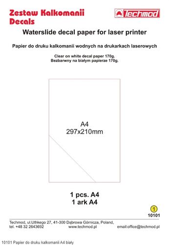 Techmod 10101 Waterslide Decal Paper For Laser Printer - Clear On White Decal Paper 170g
