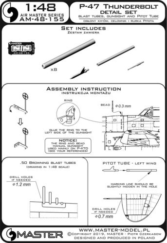 Master AM-48-155 P-47 Thunderbolt - details set - Browning .50 blast tubes, gunsight and Pitot Tube