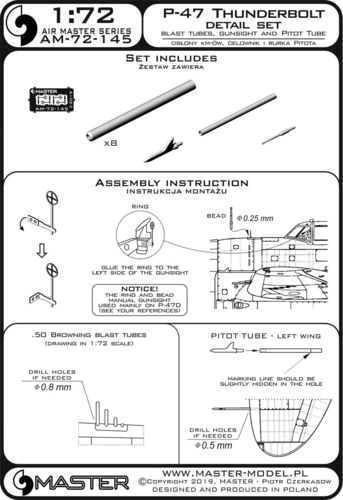 Master AM-72-145 P-47 Thunderbolt - details set - Browning .50 blast tubes, gunsight and Pitot Tube