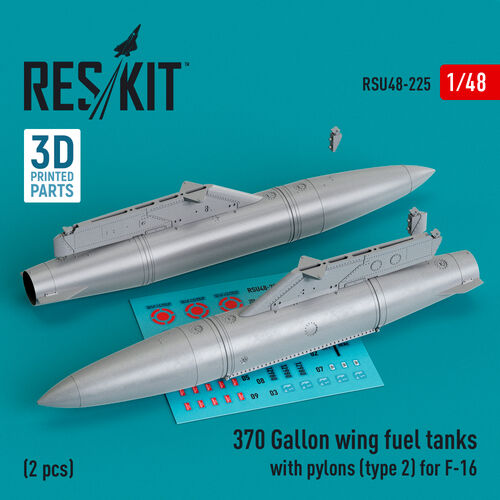 RES/KIT U48-0225 370 Gallon Wing Fuel Tanks With Pylons (Type 2) For F-16 (2pcs) (3D Printed)