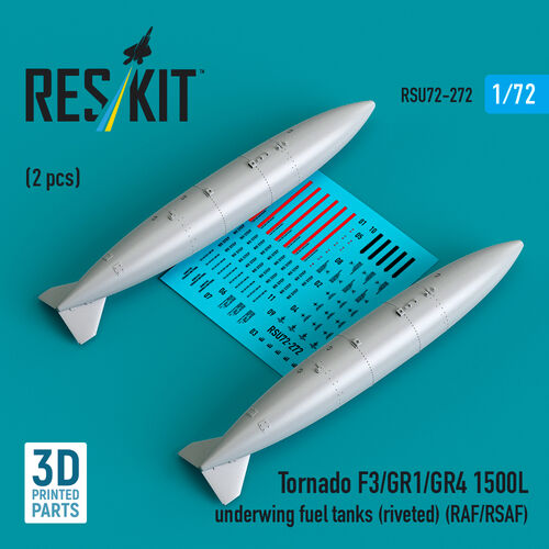 RES/KIT U72-0272 PANAVIA Tornado F.3 / GR.1 / GR.4 - 1500L Underwing Fuel Tanks - Riveted (RAF/RSAF) (2 pcs / 3D Printed)