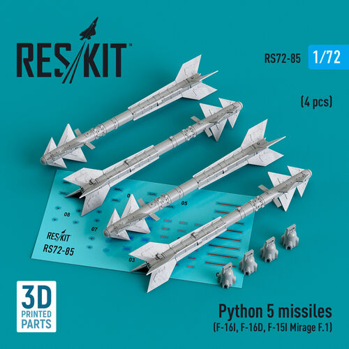RES/KIT 72-0085 Python 5 Missiles (4pcs) (F-16I, F-16D, F-15I, Mirage F.1) (3D Printed)