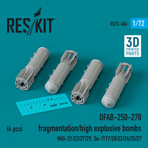 RES/KIT 72-0404 OFAB-250-270 Fragmentation/High Explosive Bombs (4pcs) (MiG-21/23/27/29, Su-7/17/20/22/24/25/27) (3D Printed)