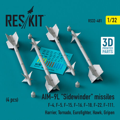 RES/KIT 32-0481 AIM-9L 'Sidewinder' Missiles (4pcs) (F-4, F-5, F-15, F-16, F-18, F-22, F-111, Harrier, Tornado, Eurofighter, Hawk, Gripen) (3D Printed)