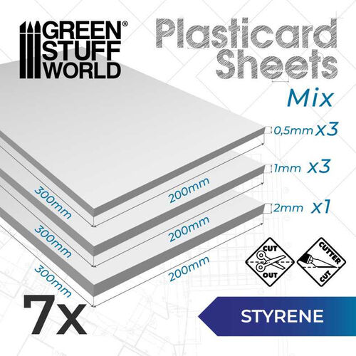 Green Stuff World 13228 Styrene Sheets Variety Pack (3x 0.5mm, 3x1mm, 1x2mm)